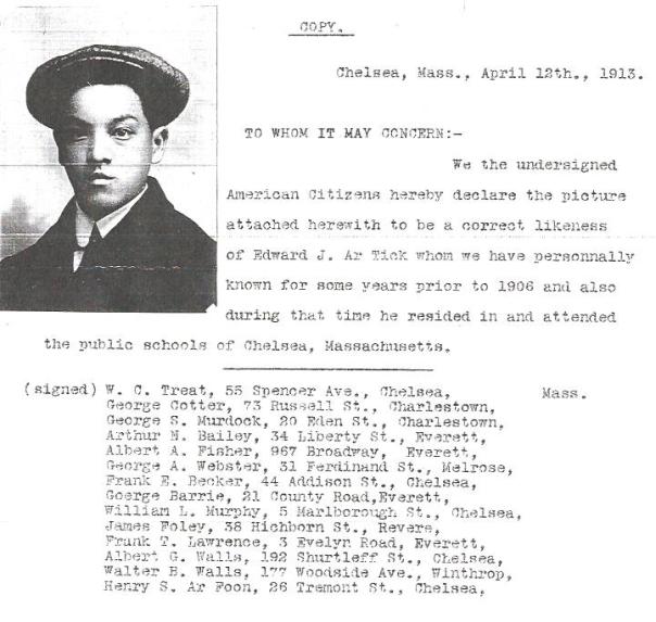 Witnesses for Edward J. Ar Tick | Chinese Exclusion Act Case Files