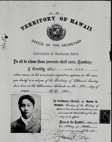 David Loo – Passport, father’s Hawaiian birth certificates & family ...
