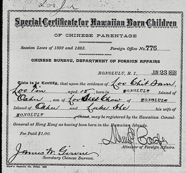 David Loo – Passport, father’s Hawaiian birth certificates & family ...